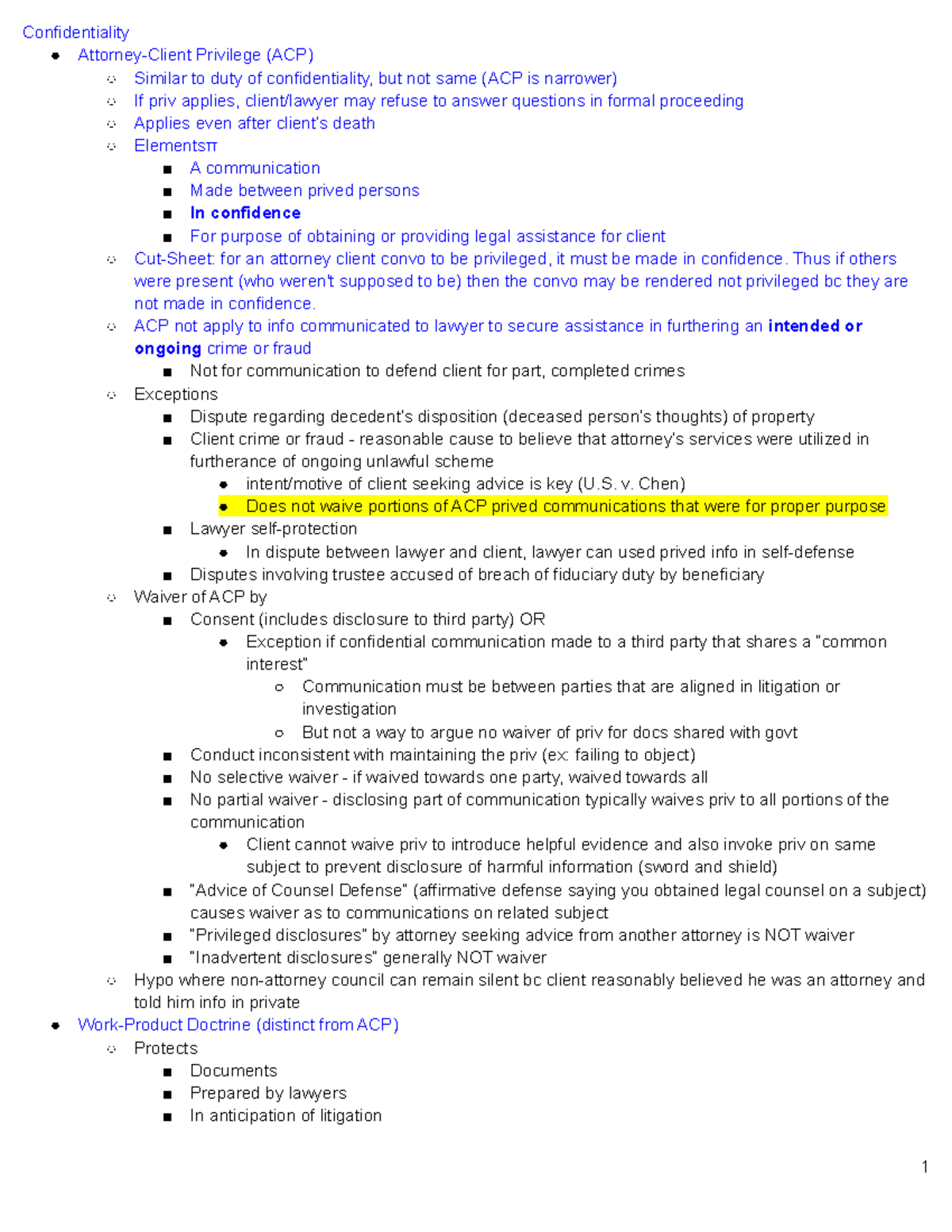 Legal Profession Outline - Confidentiality Attorney-Client Privilege ...