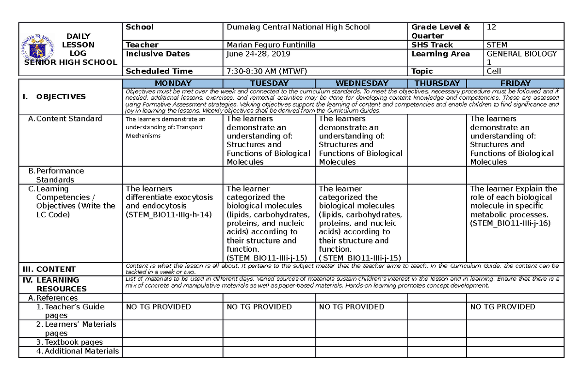 General Biology 24-28 - DAILY LESSON LOG SENIOR HIGH SCHOOL School ...