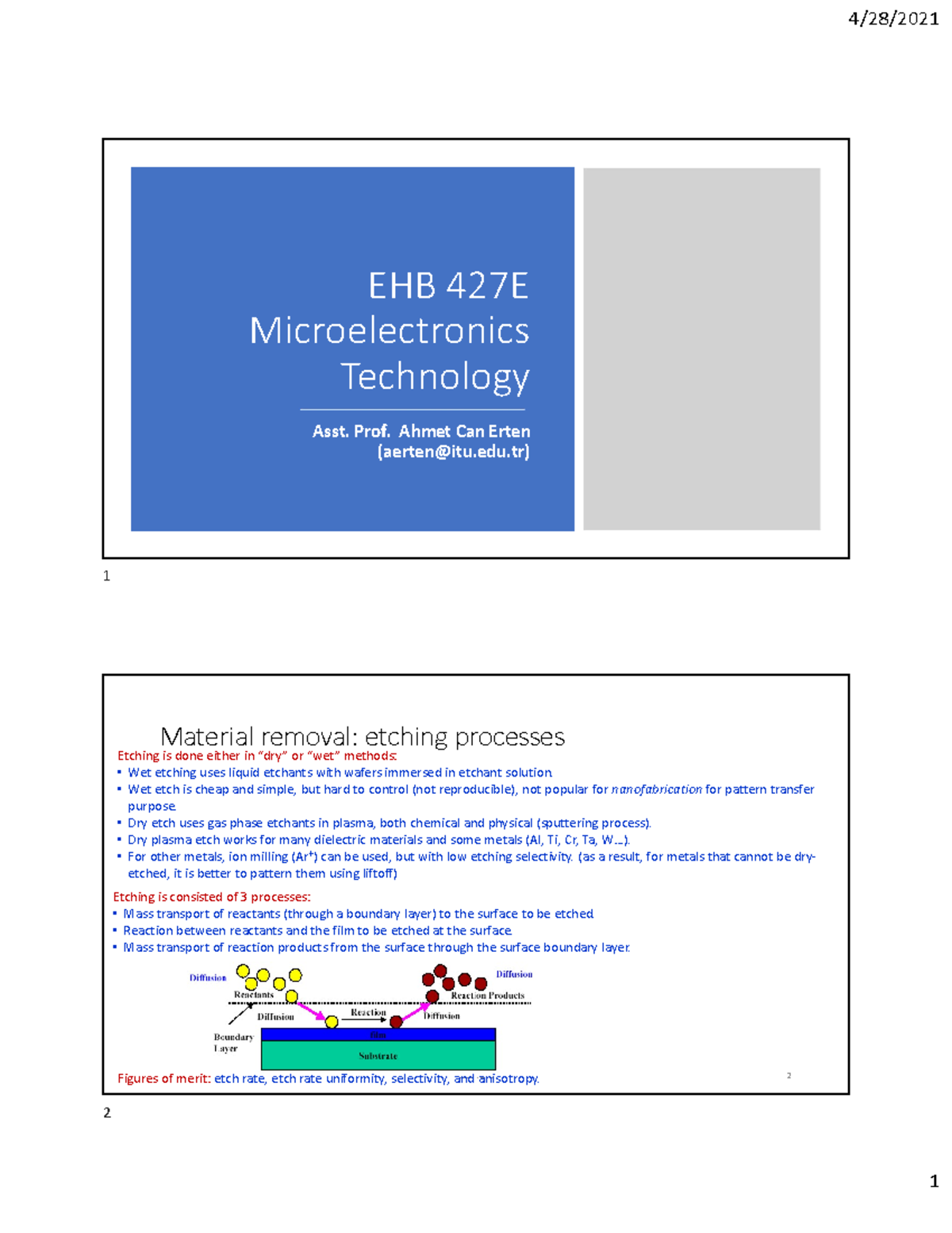 Lecture 7 Etching - Class slide - EHB 427E Microelectronics Technology Asst. Prof. Ahmet Can ...