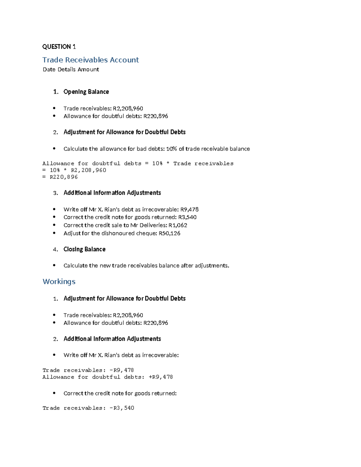 Assignment - QUESTION 1 Trade Receivables Account Date Details Amount 1 ...