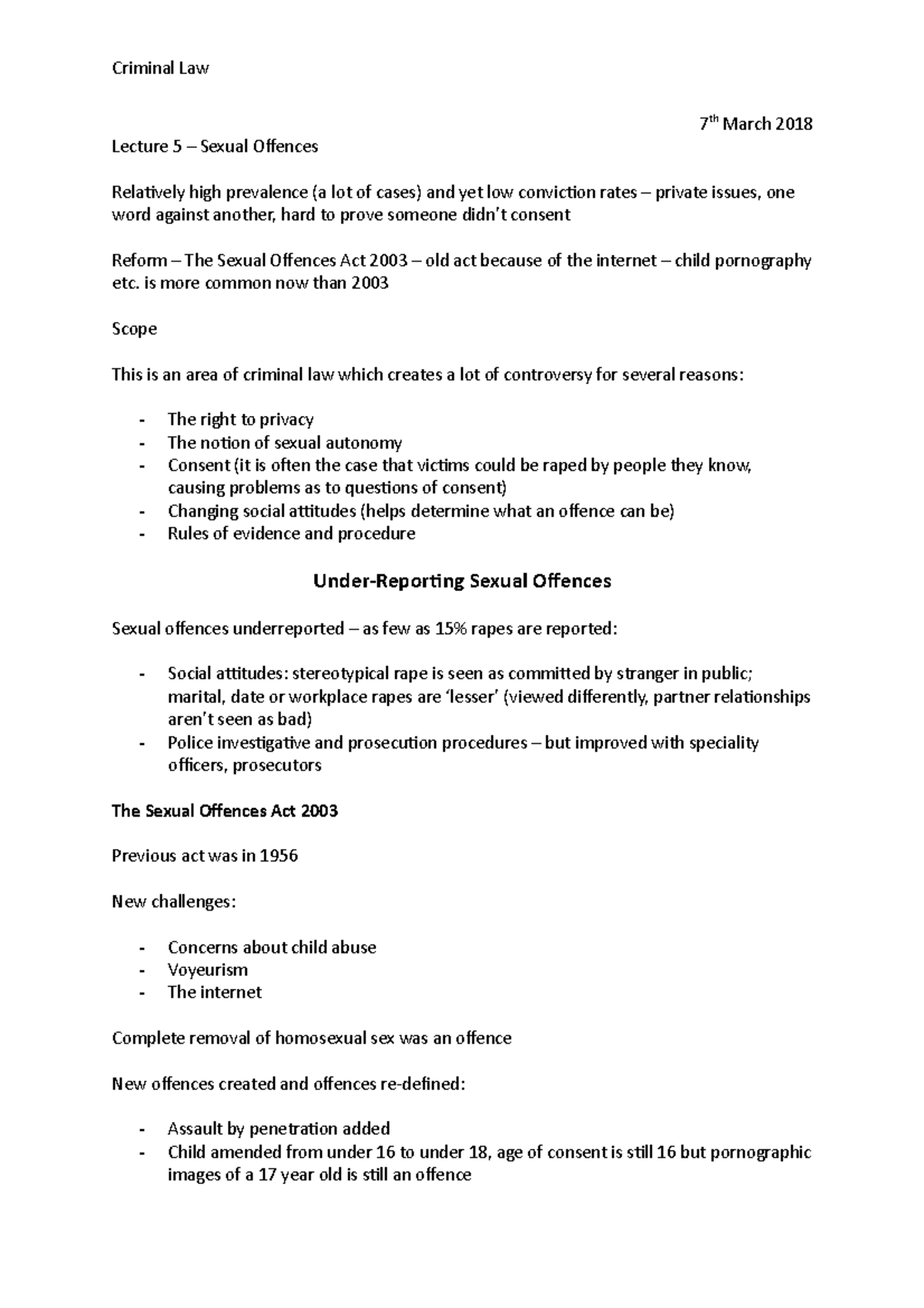 L5, Rape - Lecture notes 1 - Criminal Law Lecture 5 – Sexual Offences ...
