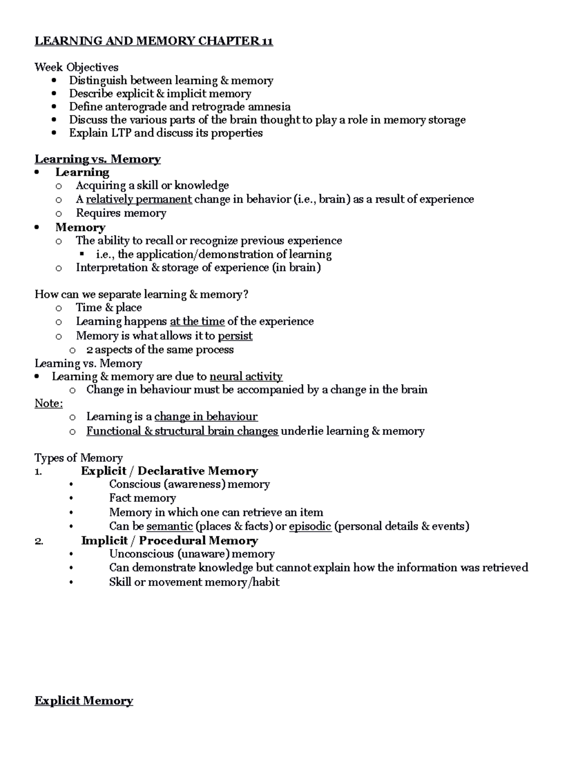 Chapter 11 Learning and Memory notes - LEARNING AND MEMORY CHAPTER 11 ...