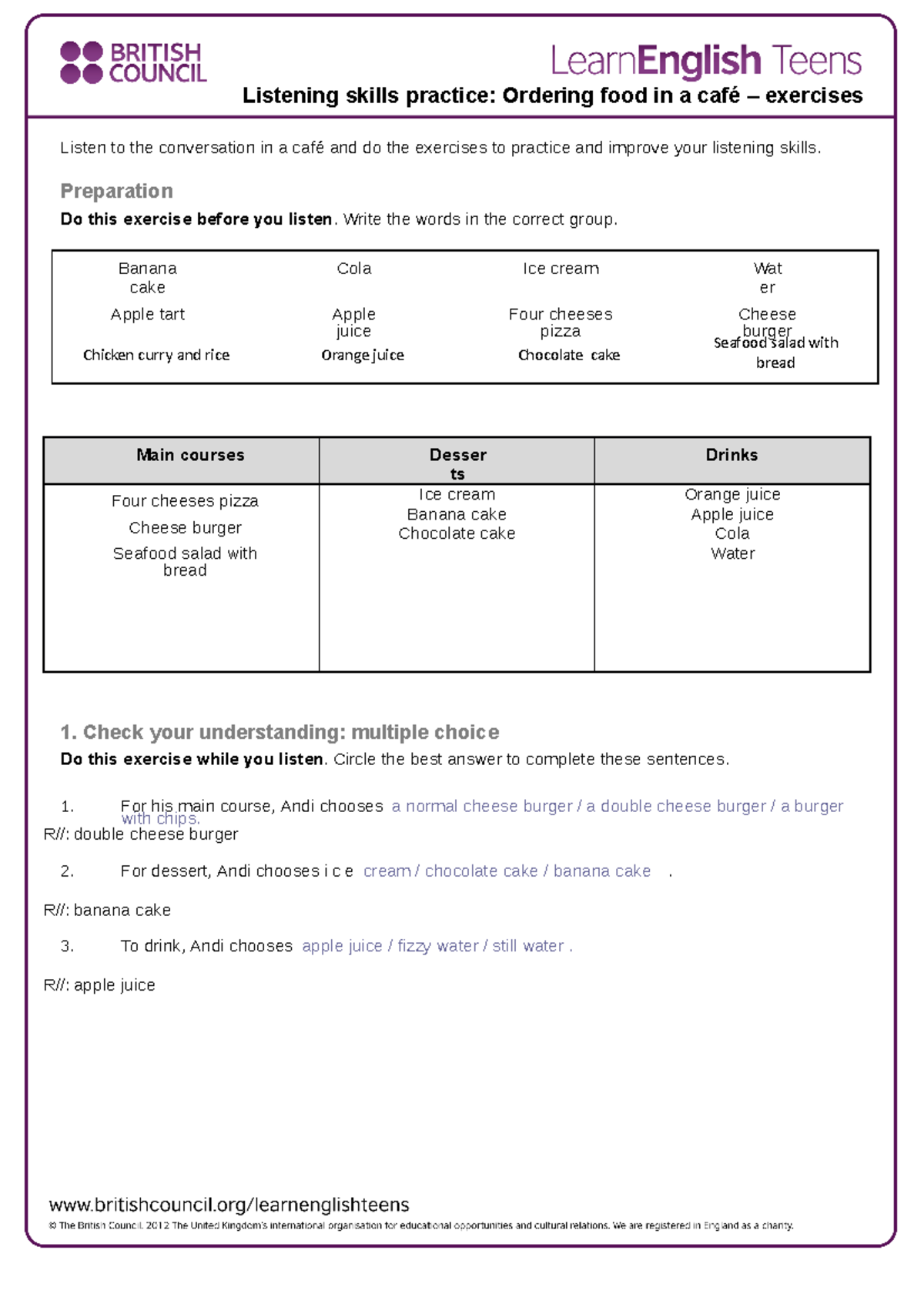 Ordering food in a cafe - exercises 4 - Chicken curry and rice Orange ...