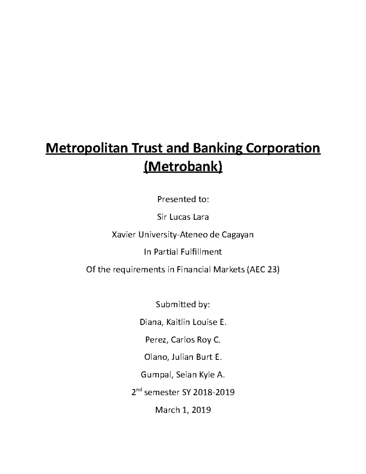 Financial Markets Analysis - Metropolitan Trust and Banking Corporation ...