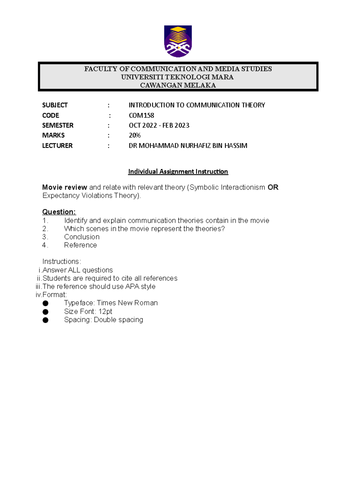 Individual Assignment Faculty Of Communication And Media Studies