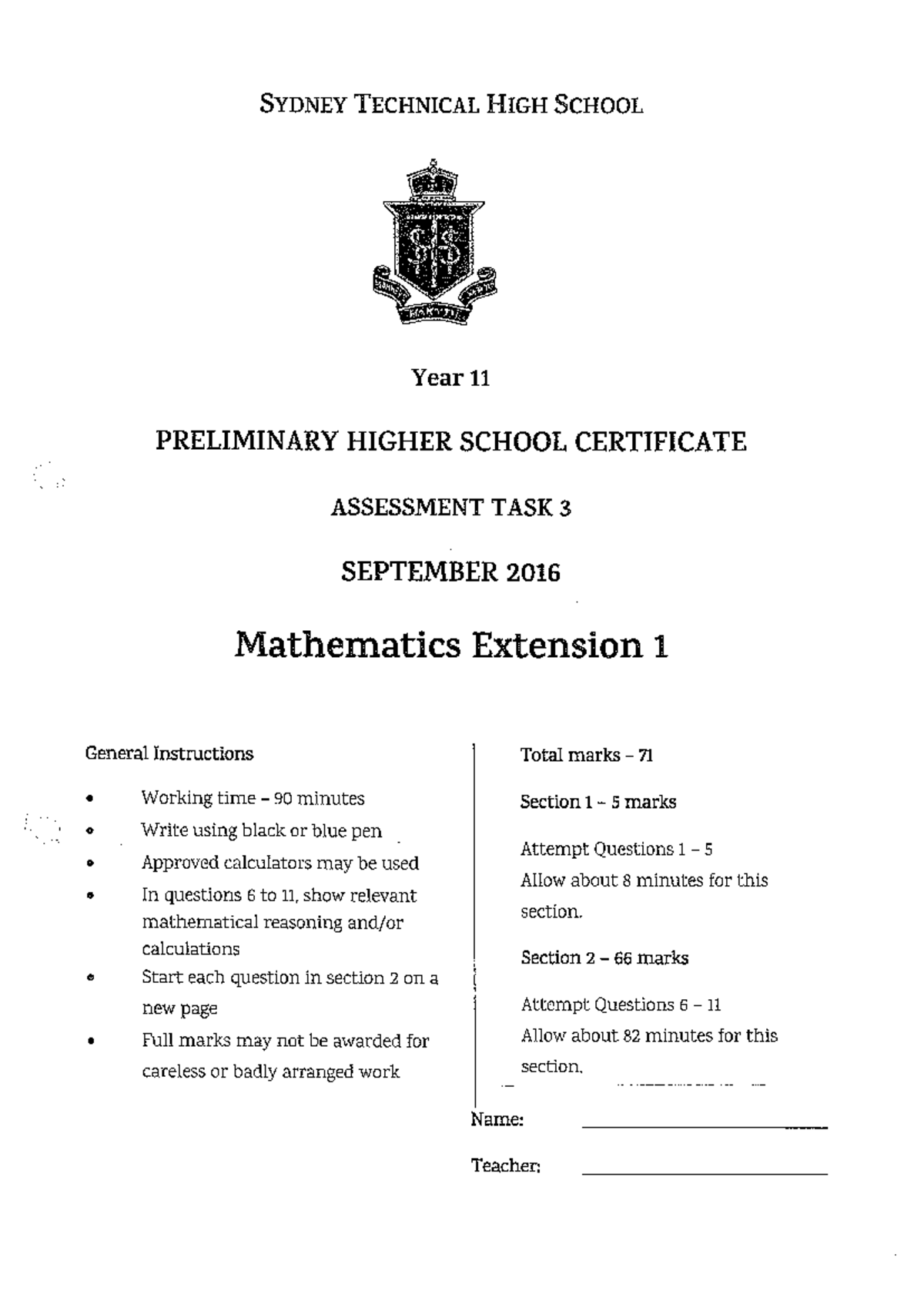 2016 P 3U - Sydney Tech - Prelim Yearly Exam Paper - MATH - Studocu