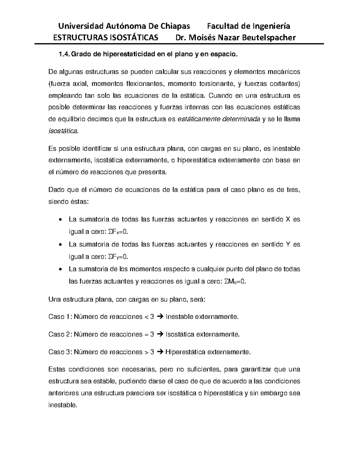 1.4 Grado de hiperestaticidad plana y en el espacio. - ESTRUCTURAS ...
