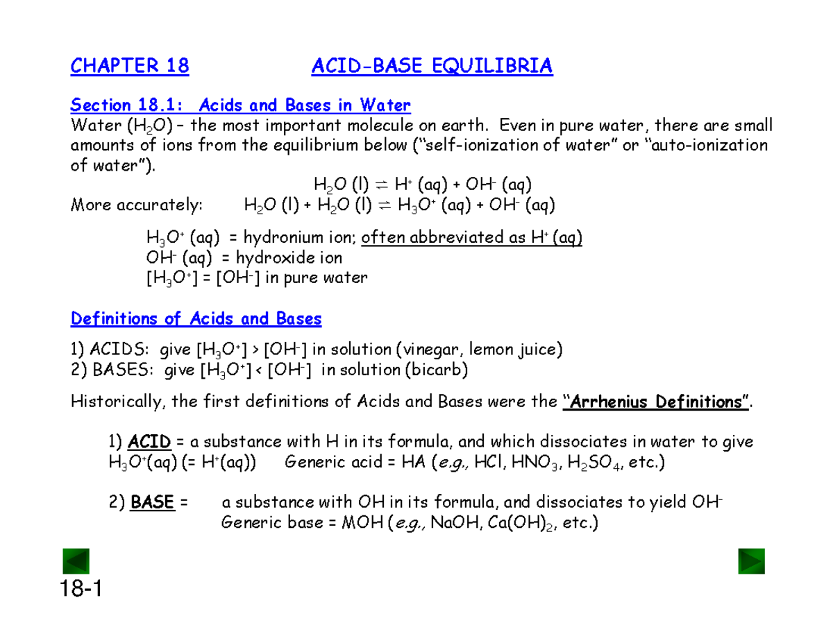 Acids and Bases More Notes - CHAPTER 18 ACID-BASE EQUILIBRIA Section 18 ...