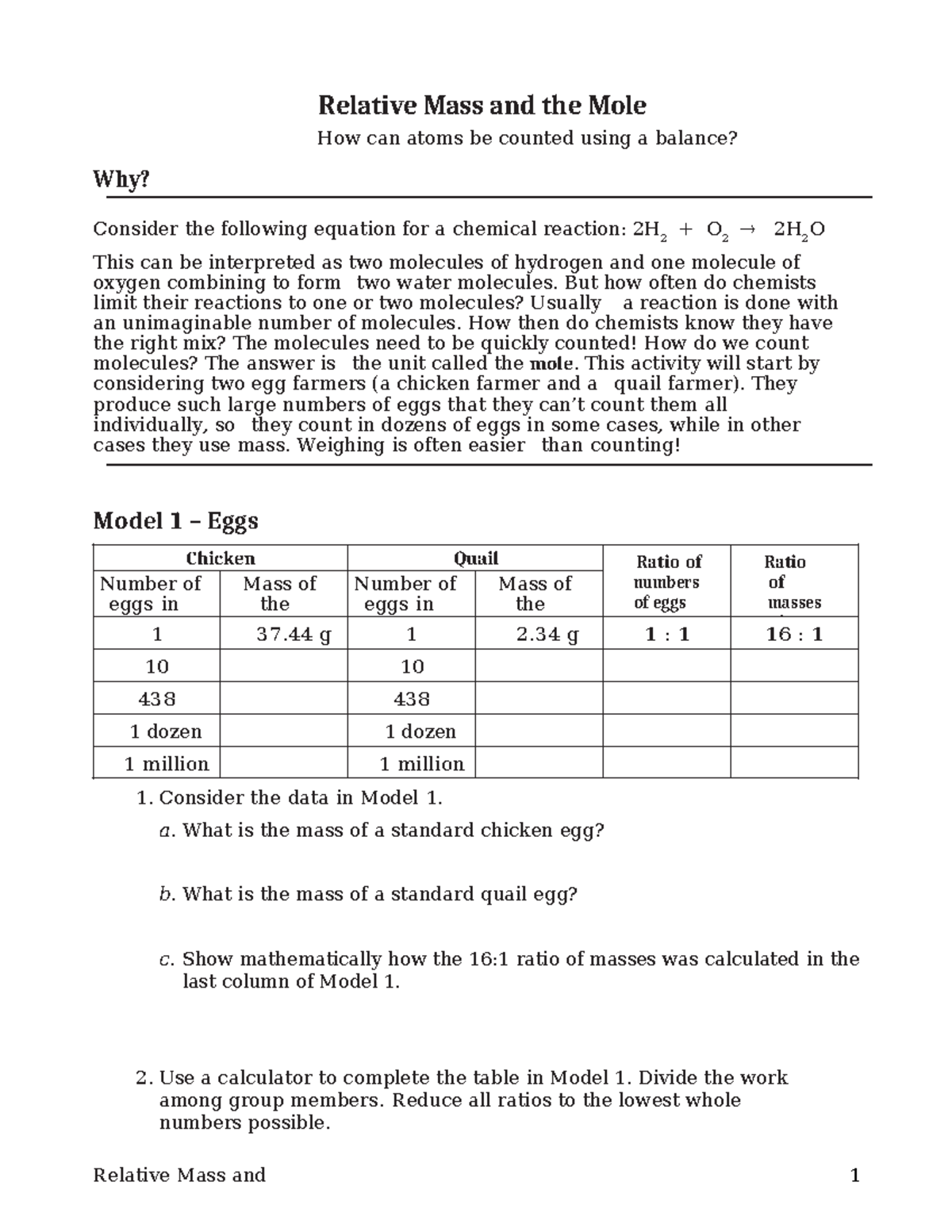 Pogil Relative Mass and the Mole-S - Relative Mass and the Mole 1 Why ...