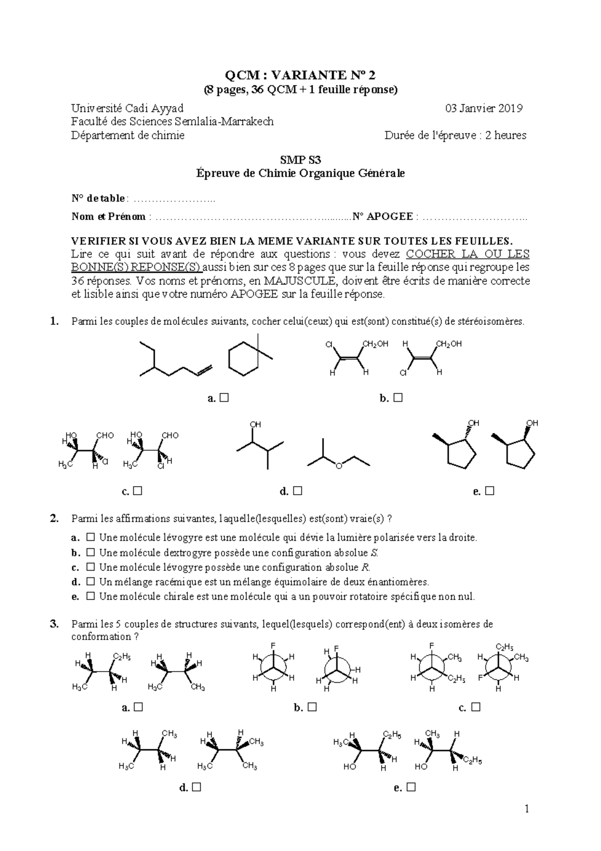 Janvier 2019 S3 SMP V2 - QCM : VARIANTE Nº 2 (8 pages, 36 QCM + 1 feuille réponse) Université ...