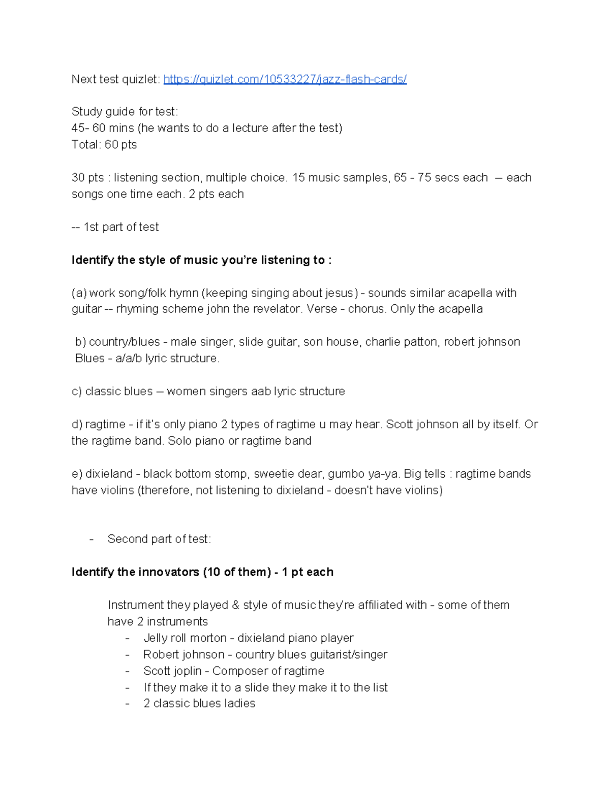 Jazz - Lecture notes ALL - Next test quizlet: quizlet/10533227/jazz ...