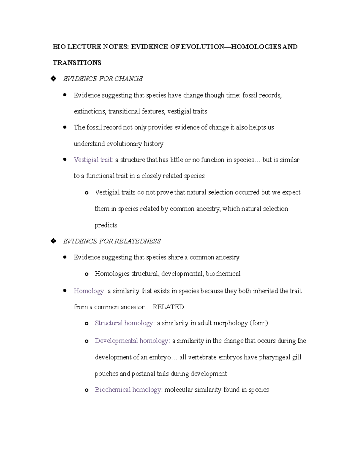 Bio lecture, evidence of evolution - BIO LECTURE NOTES: EVIDENCE OF ...