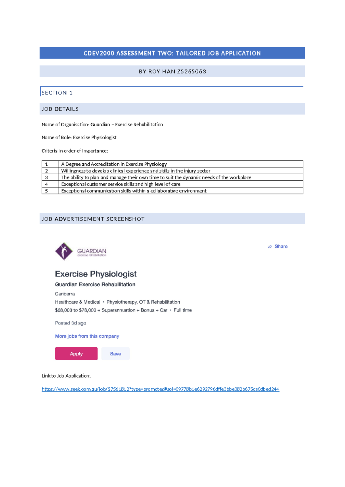 CDEV2000 Assessment two - CDEV2000 ASSESSMENT TWO: TAILORED JOB ...