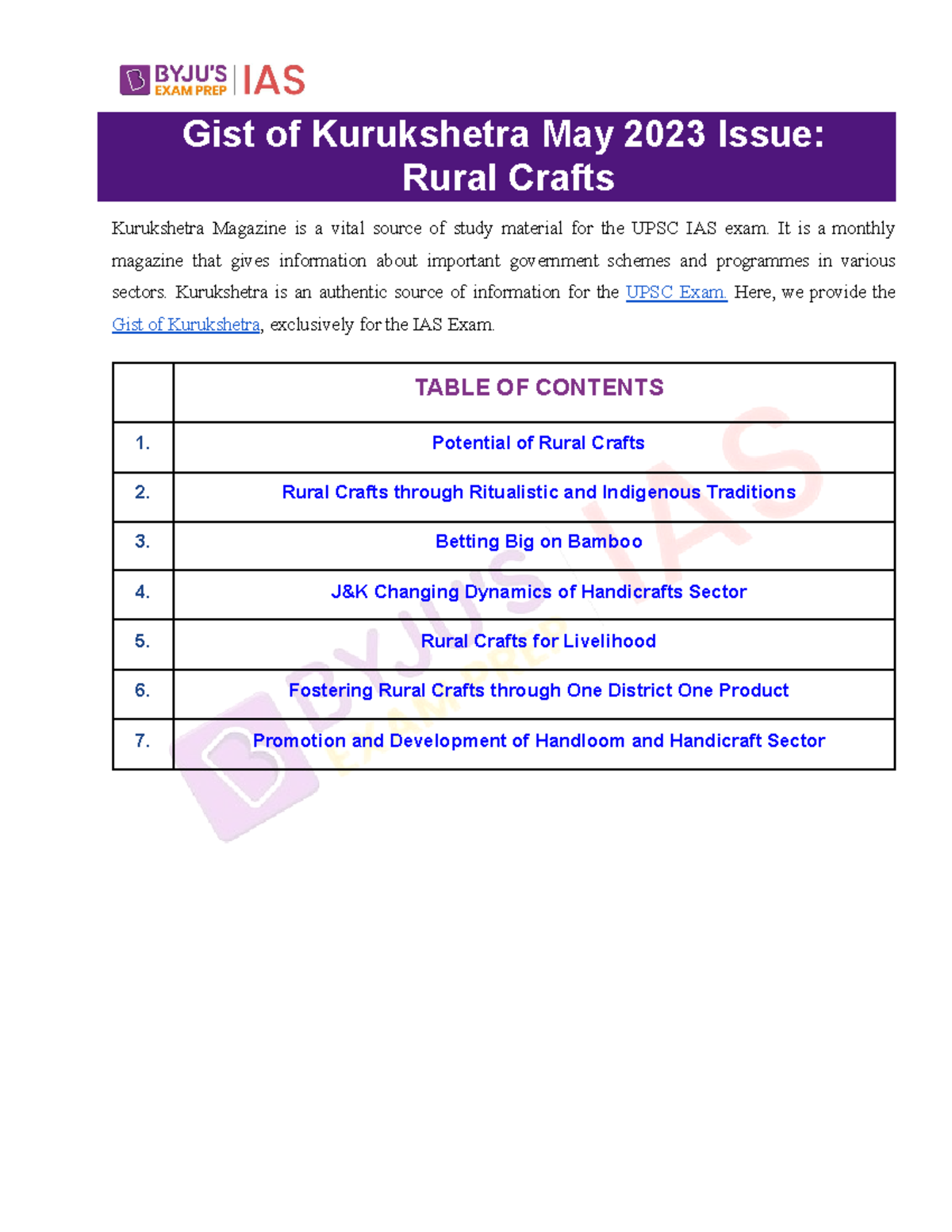 Kurukshetra-May-2023 - Gist of Kurukshetra May 2023 Issue: Rural Crafts ...