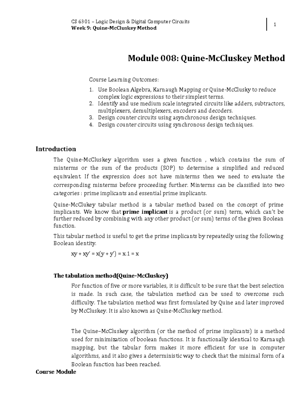 Week 9 - Quine-Mc Cluskey Tabular Method - CS 6301 – Logic Design ...