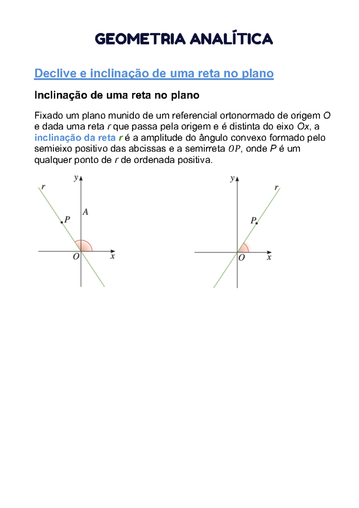 Geometria analítica - GEOMETRIA ANALÍTICA Declive e inclinação de uma ...