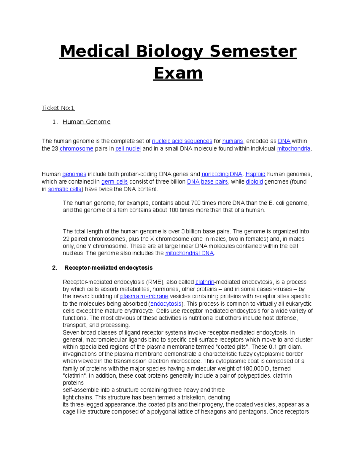 Biology Final Answers - Medical Biology Semester Exam Ticket No: Human ...