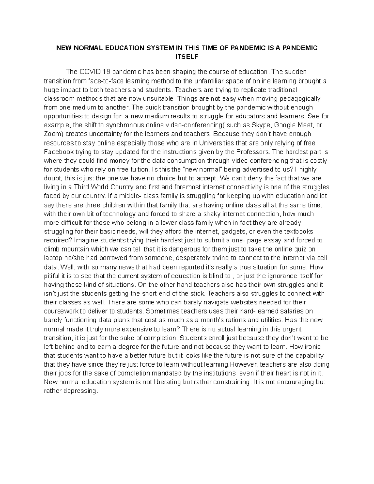 Opinion Article NEW NORMAL EDUCATION SYSTEM IN THIS TIME OF PANDEMIC opinion-article-new-normal-education-system-in-this-time-of-pandemic