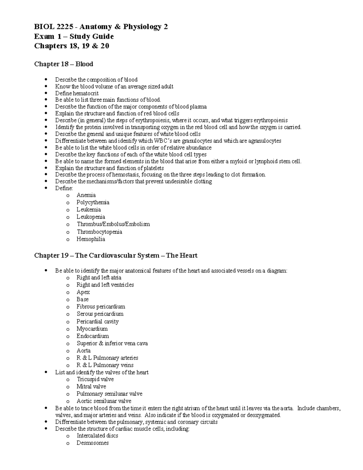 BIOL 2225 Exam 1 - Study Guide - BIOL 2225 - Anatomy & Physiology 2 ...