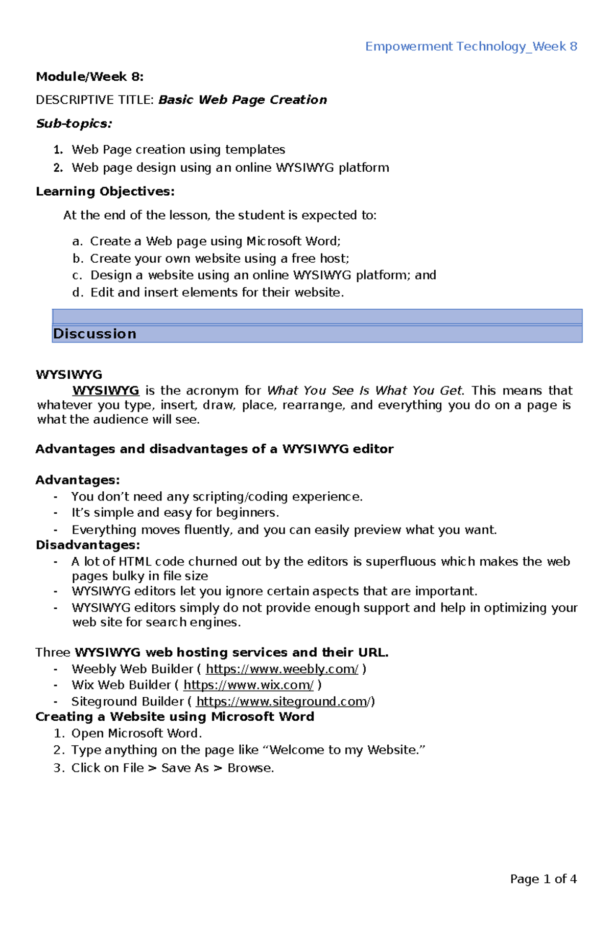 Week 8 Basic Web Page Creation - Module/Week 8: DESCRIPTIVE TITLE: Basic Web Page Creation - Studocu