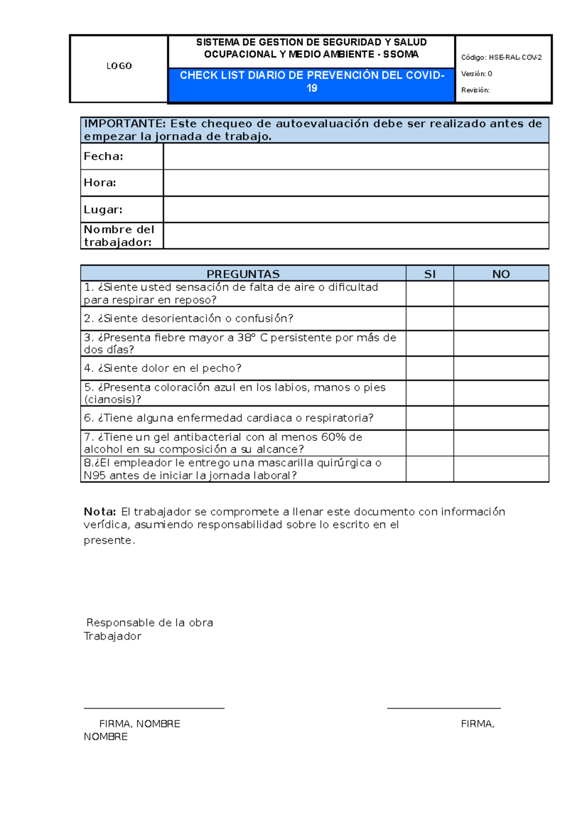 Check LIST Diario Covid 19 - LOGO SISTEMA DE GESTION DE SEGURIDAD Y ...