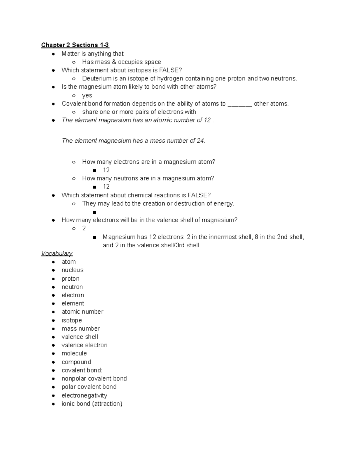 Biology - bio - Chapter 2 Sections 1- Matter is anything that Has mass ...