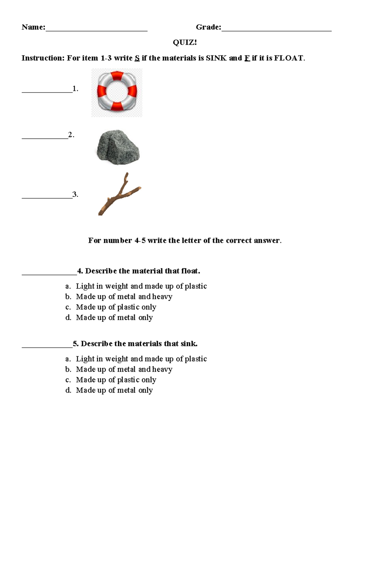 G4 Float and Sink - Name:________________________ Grade ...
