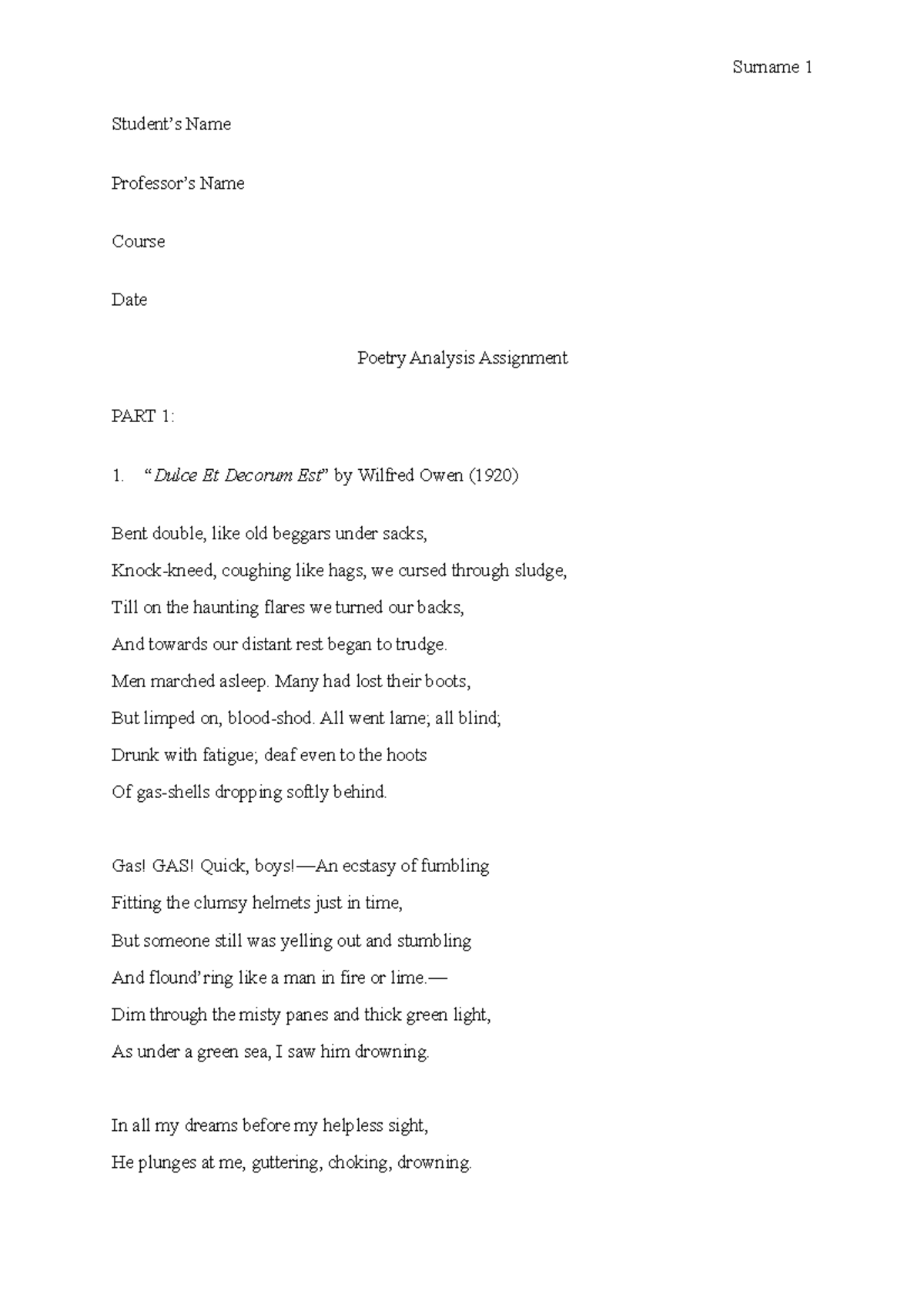 Poem analysis - Lecture and revision notes - Student’s Name Professor’s ...