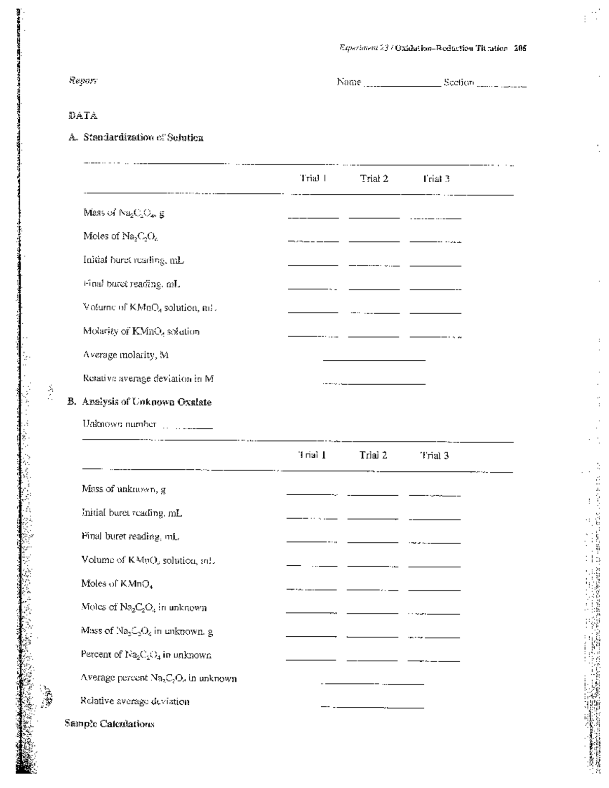 Lab 6 - Redox Titration WS - Experiment 23 Titration 205 Report Name ...