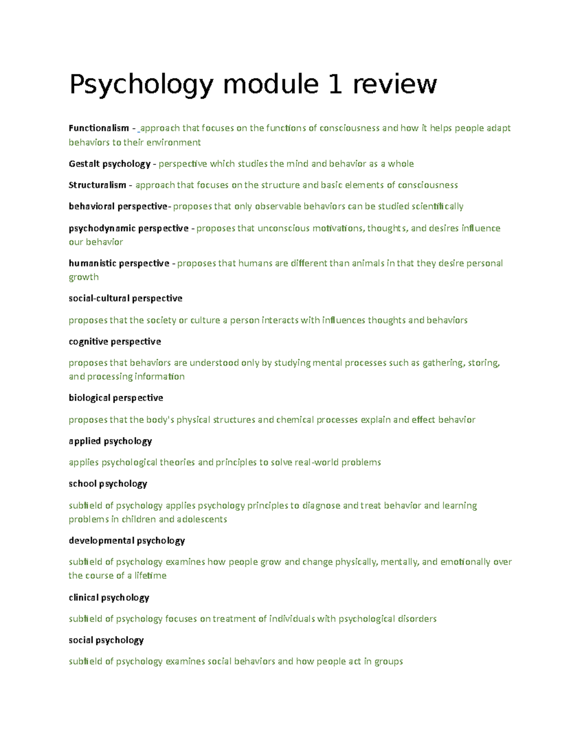 Psychology module 1 review - Psychology module 1 review Functionalism ...