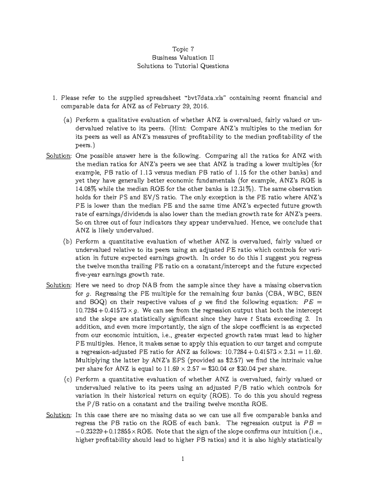 Business Valuation-Tutorial7 - Topic 7 Business Valuation II Solutions ...