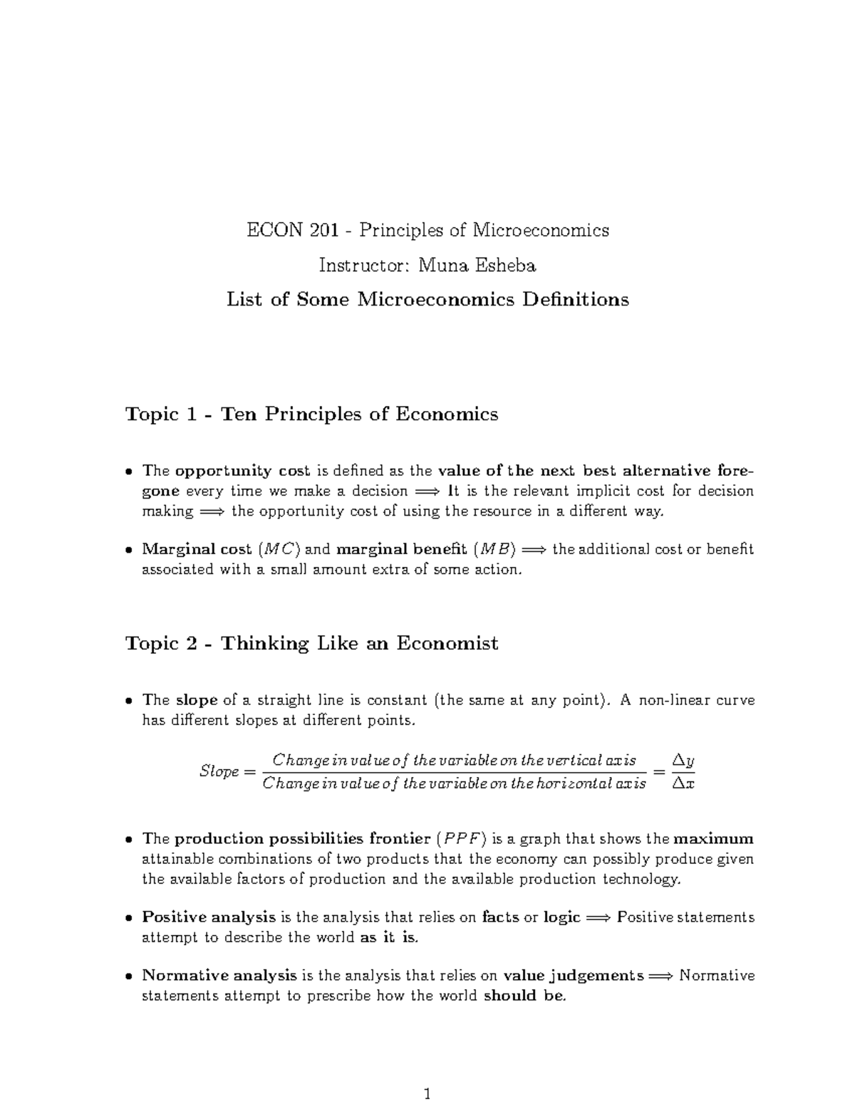 List of Some Microeconomics Definitions - ECON 201 - Principles of ...