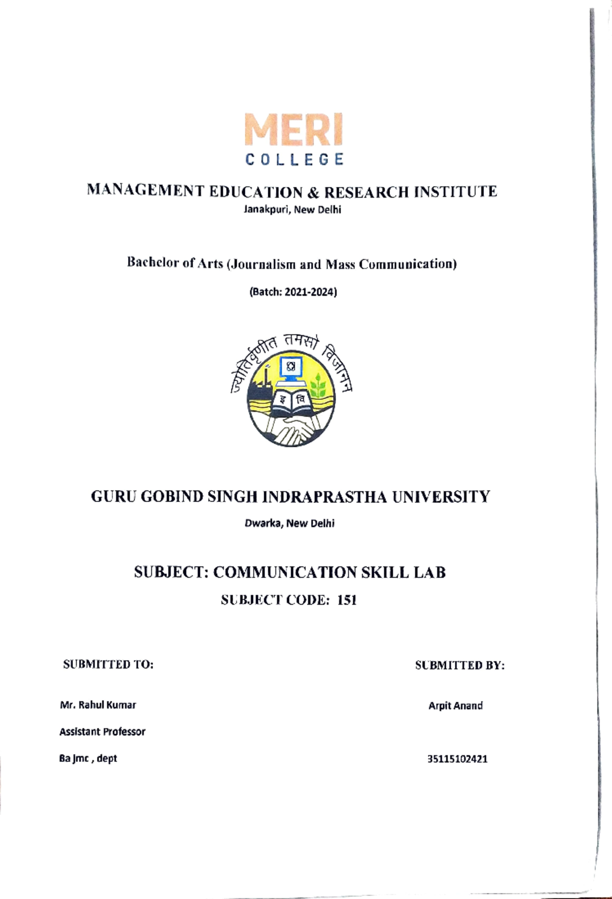 Communication skill lab file - MERI COLLE GE MANAGEMENT EDUCATION ...
