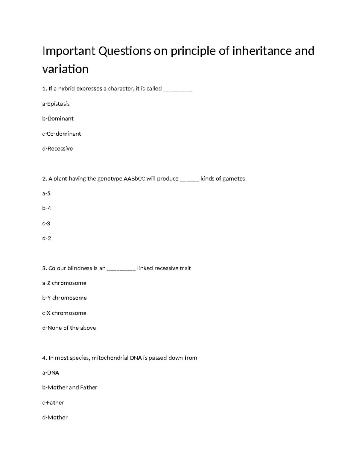 Important MCQs of inheritance and variation - Important Questions on ...