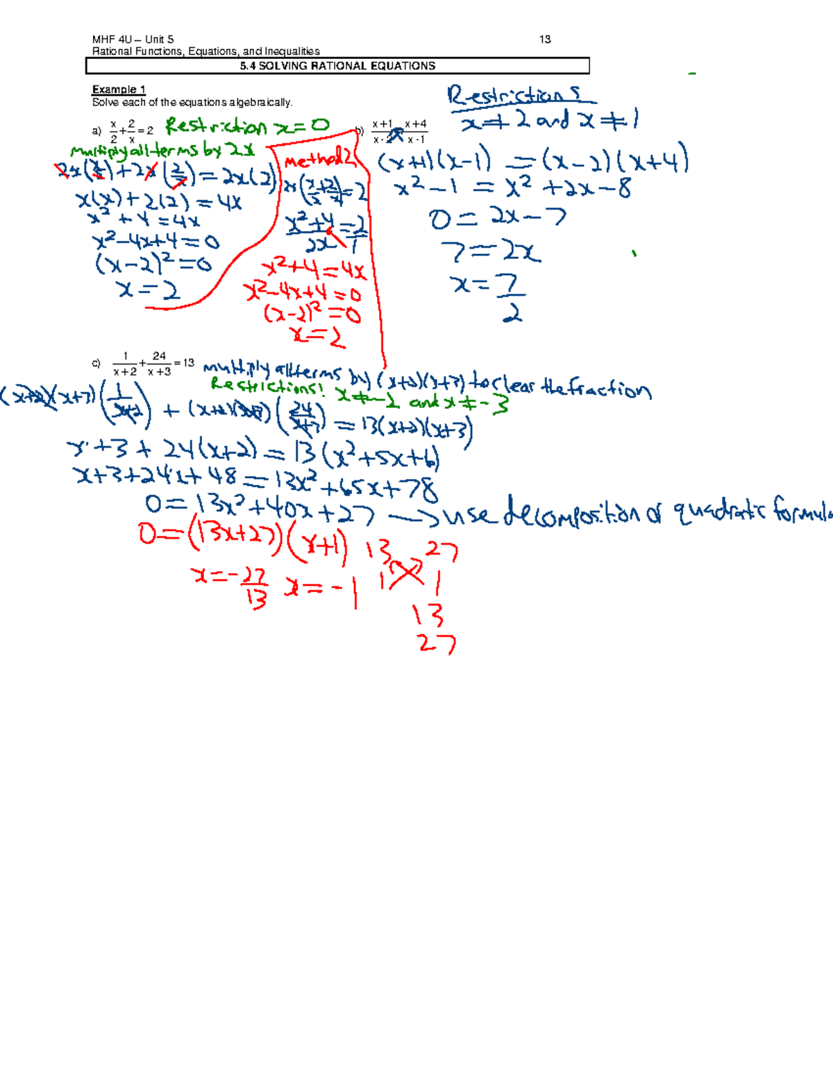 5.4 Solving Rational Equations - MHF 4U – Unit 5 13 Rational Functions ...