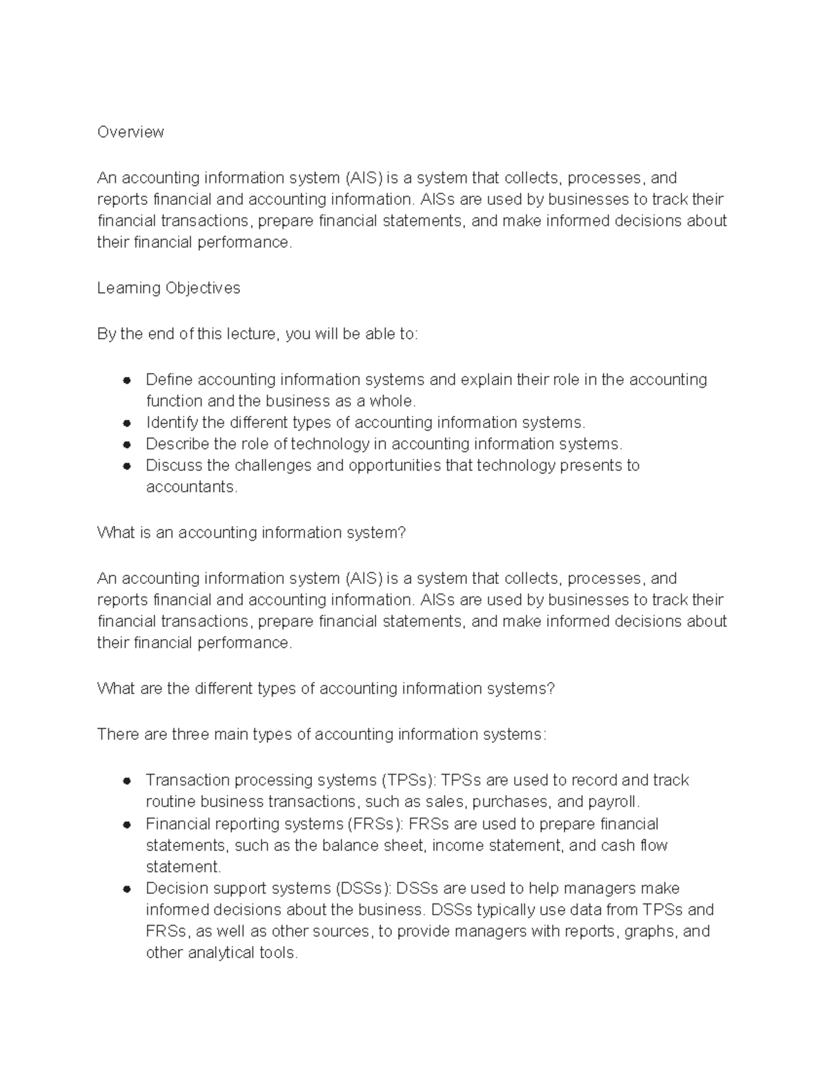Lecture 1 Introduction to Accounting Information Systems - Overview An accounting information ...