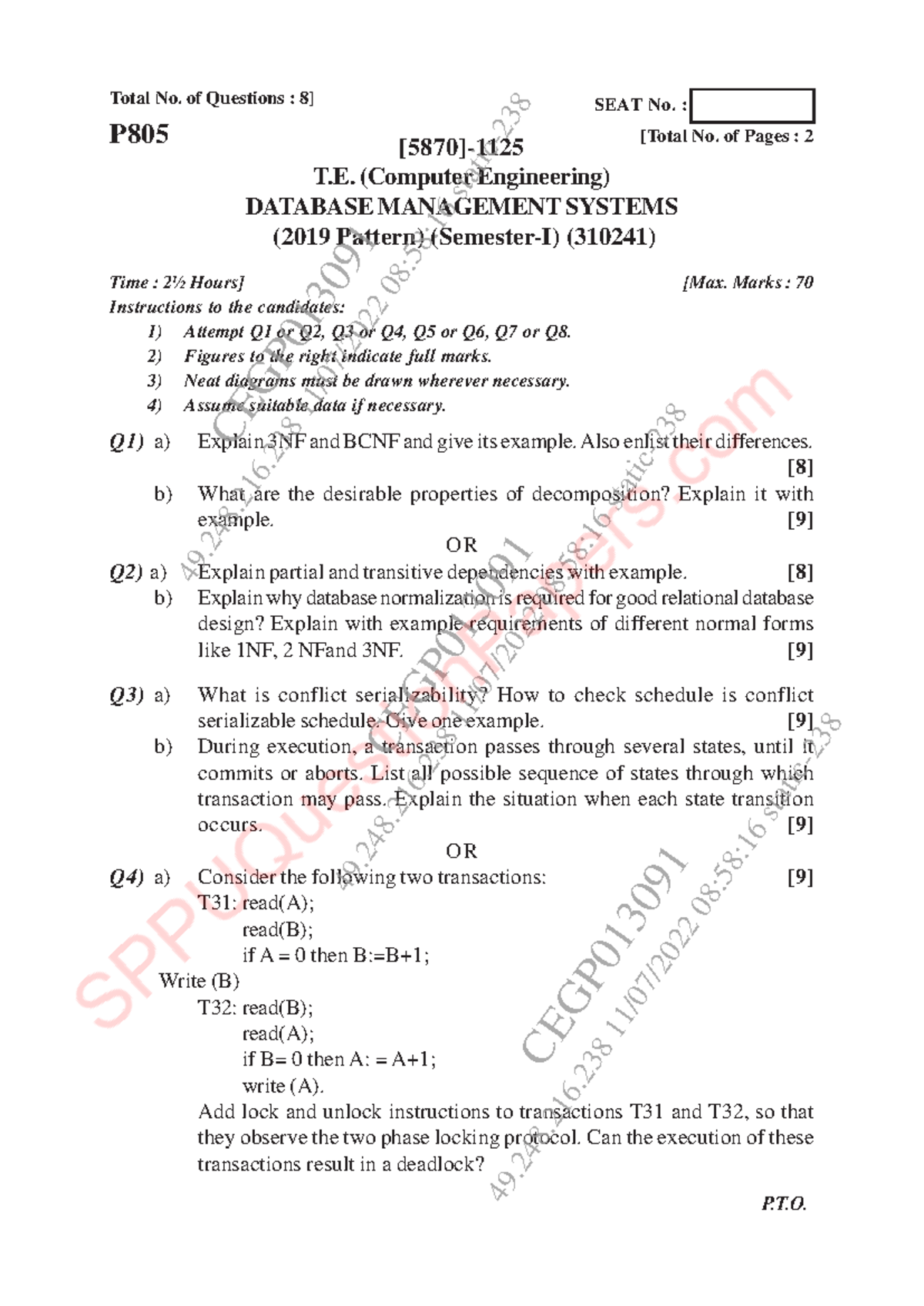 Dbms Endsem 2 Total No Of Questions 8 5870 T Computer Engineering Database