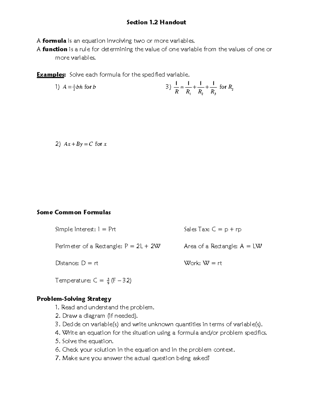 Section 1.2 Handout - College Algebra - - Studocu