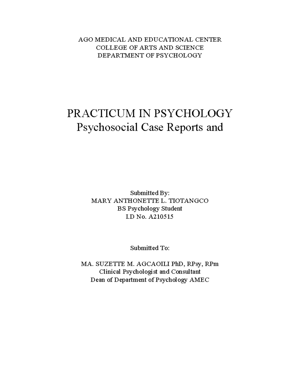 Front PAGE for PRacticum and PSY10 - Research in Psychology - AGO ...