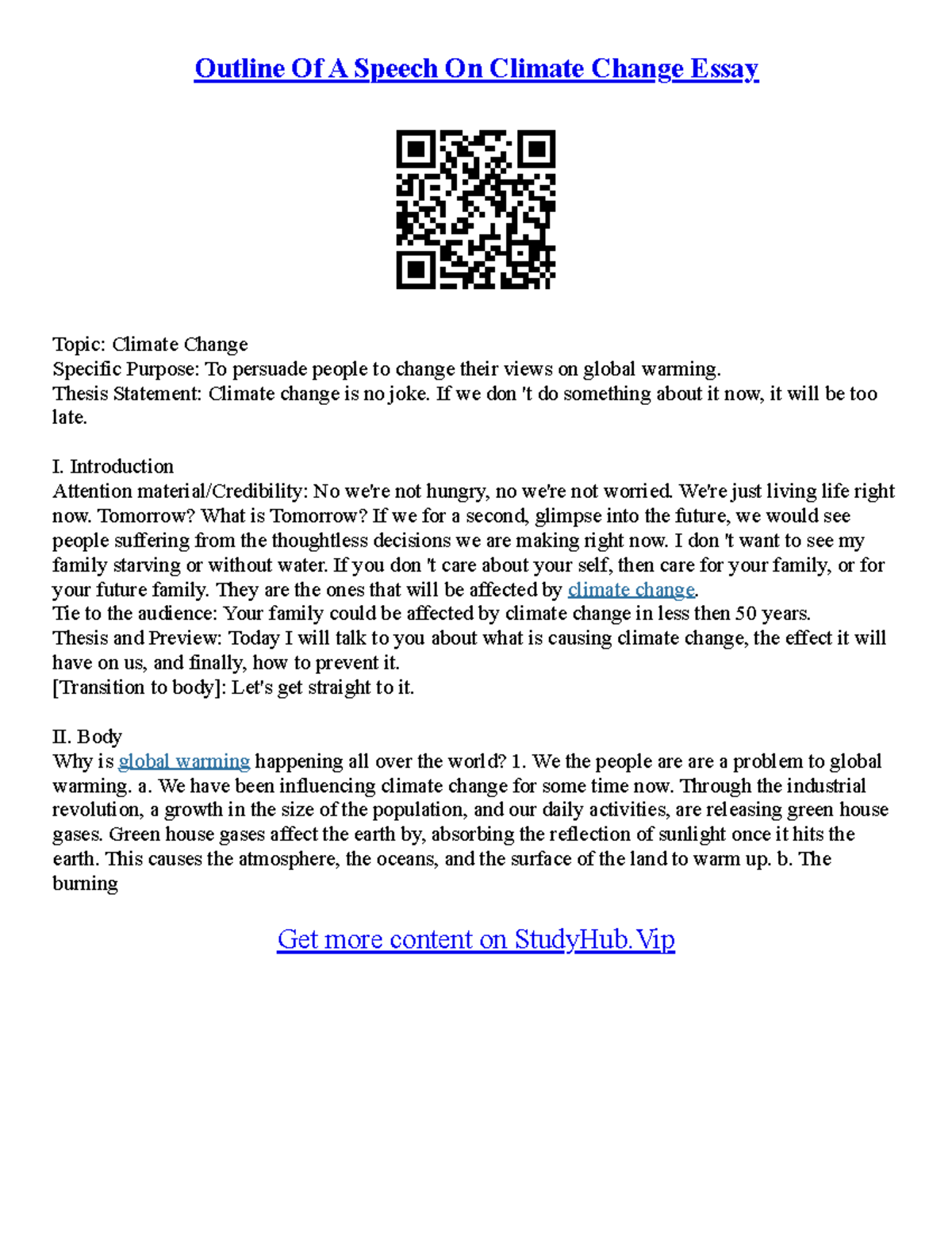 Global Warming Persuasive Essay Outline - Outline Of A Speech On ...