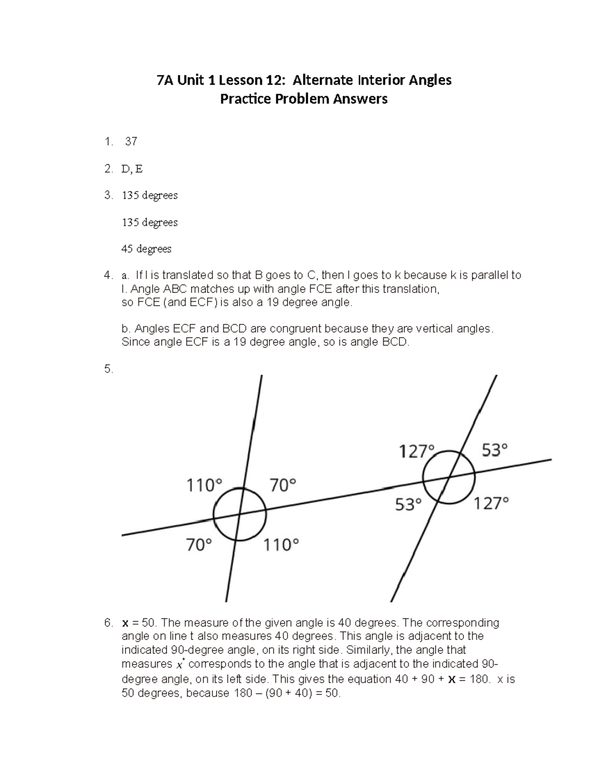 7A Unit 1 Lesson 12- Alternate Interior Angles Practice Problem Answers ...
