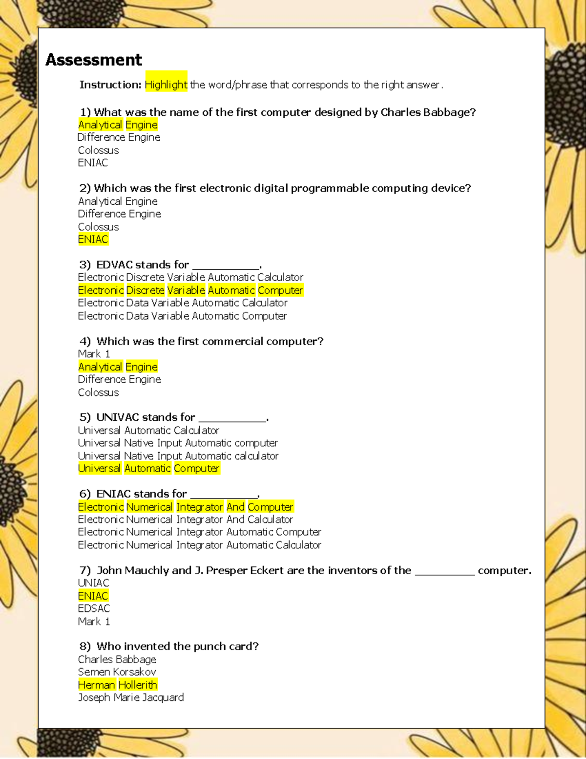 assessment 2 Technology - Assessment Instruction: Highlight the word ...
