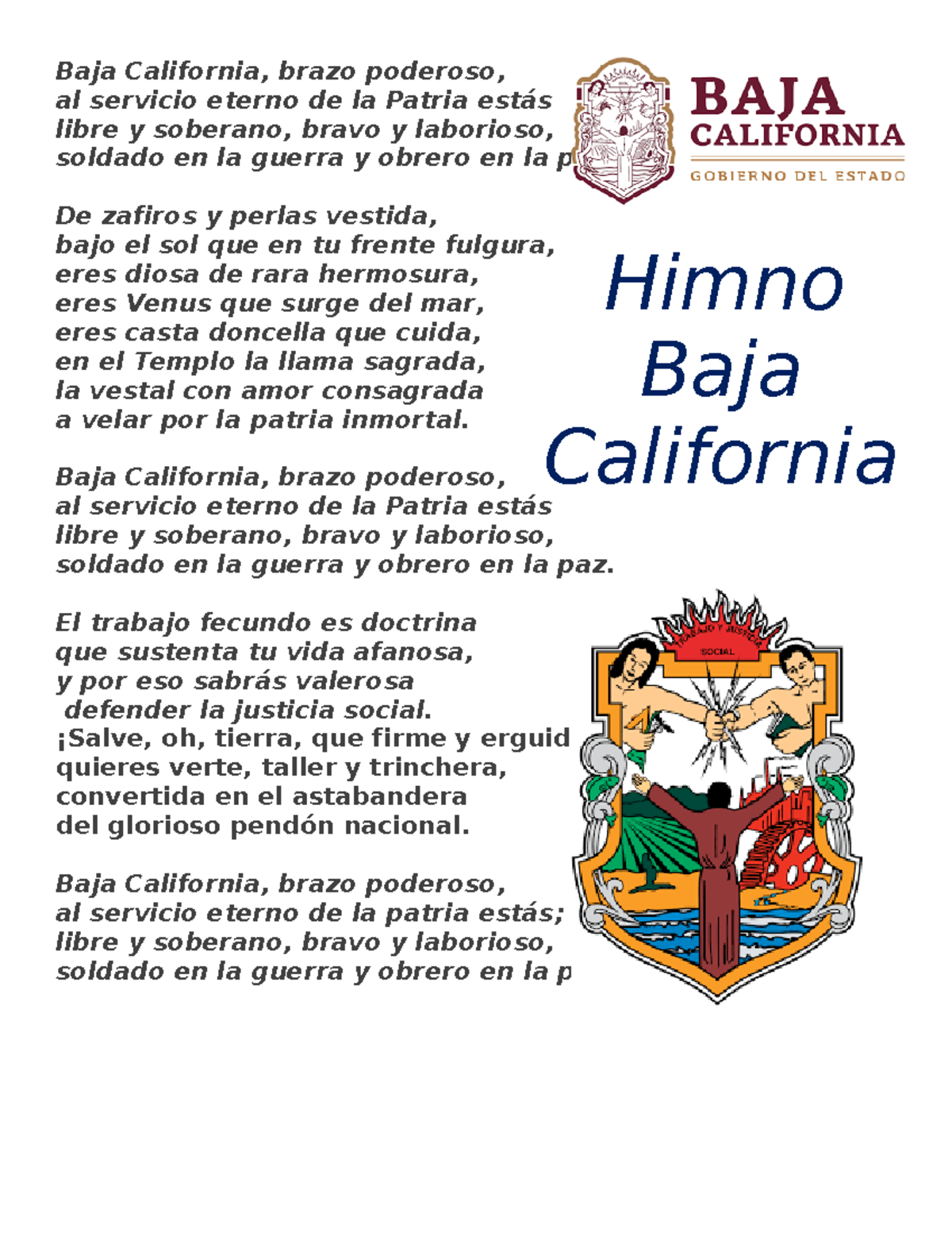 Himno Baja California - Baja California, brazo poderoso, al servicio ...