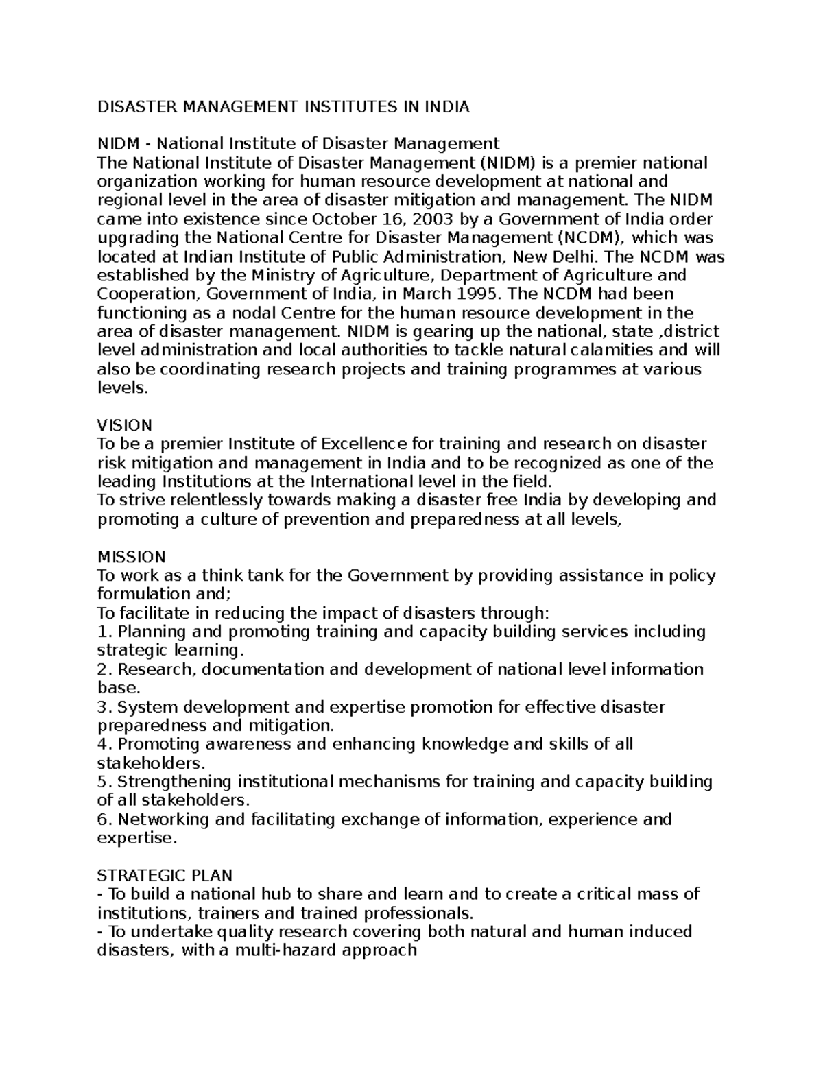 Disaster Management Notes -2) Disaster Management Institutes In India ...