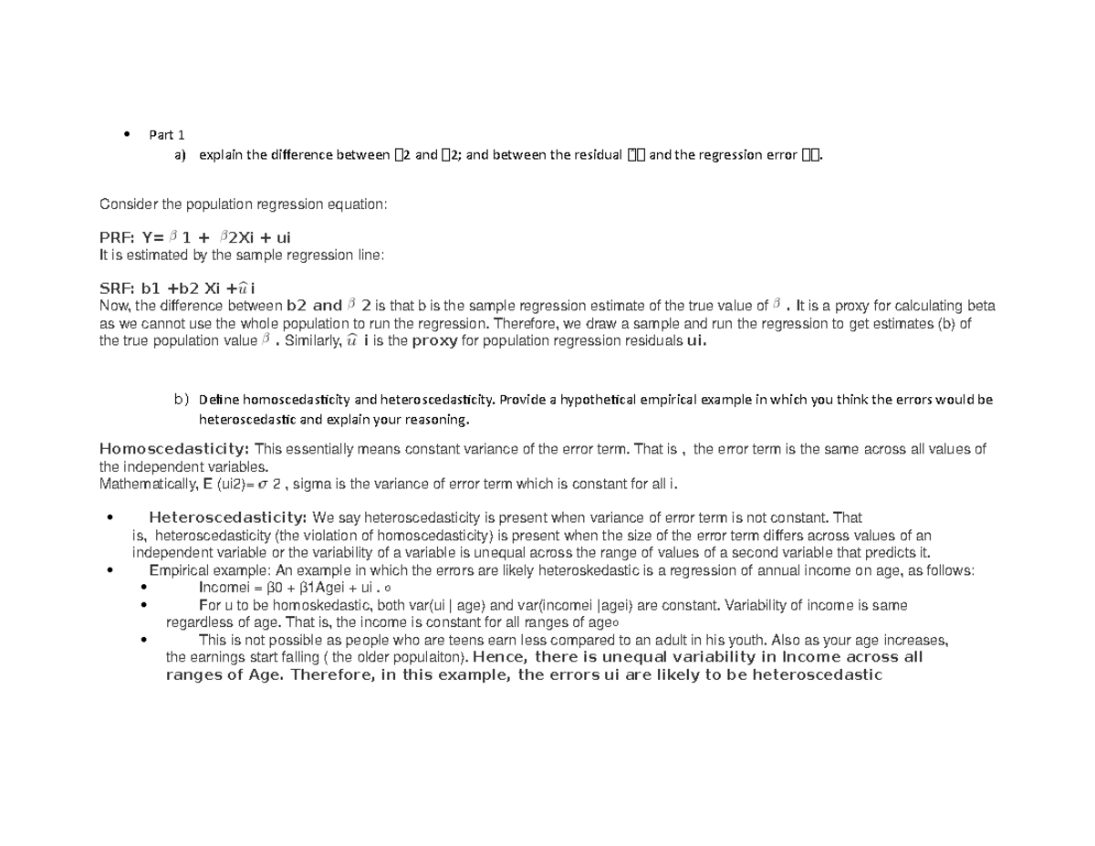 Part 1 - SLR - Part 1 a) explain the difference between 푏2 and 훽2; and ...