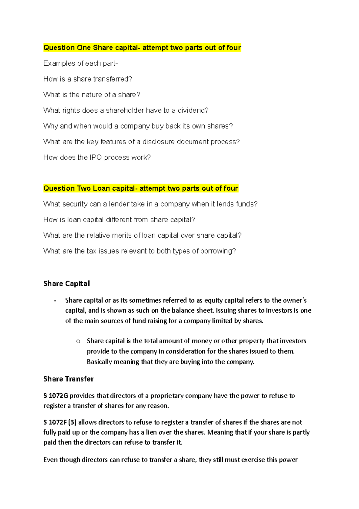 Practice Exam Questions - Question One Share capital- attempt two parts ...