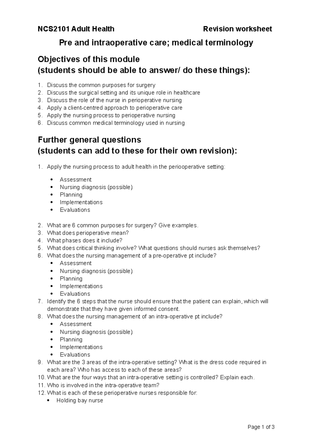 Revision worksheet - Pre and intraoperative care - NCS2101 Adult Health ...