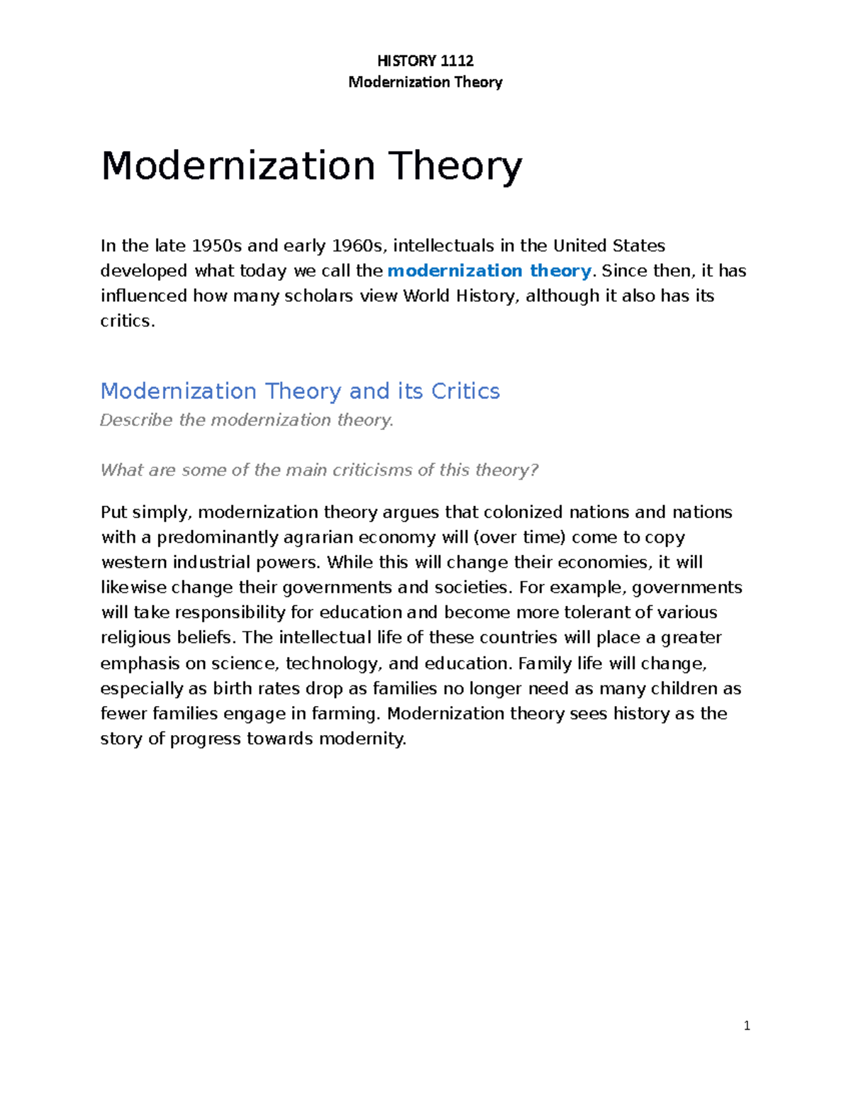 HIST 1112 - Modernization Theory - Modernization Theory Modernization ...