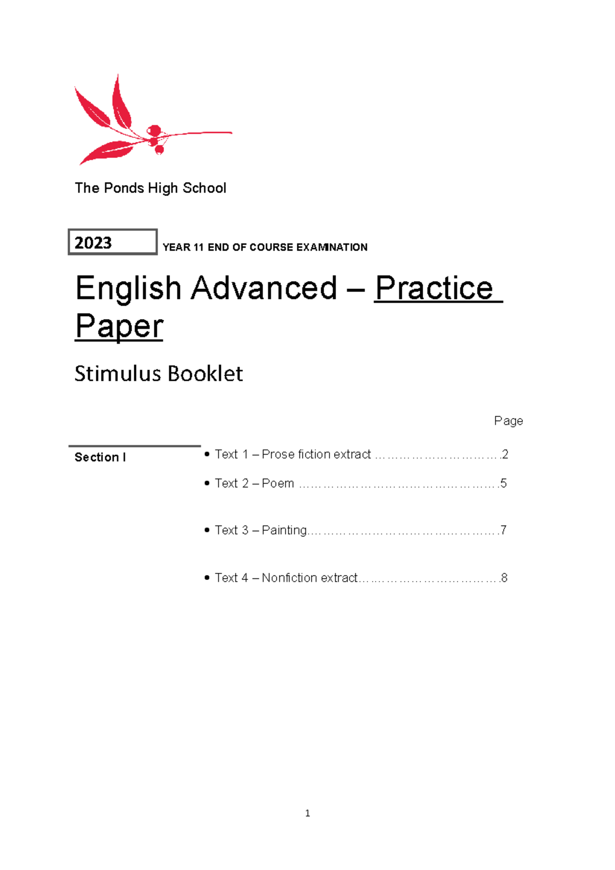 Ponds High School 2023 Year 11 English Advanced Practice Exam - Studocu
