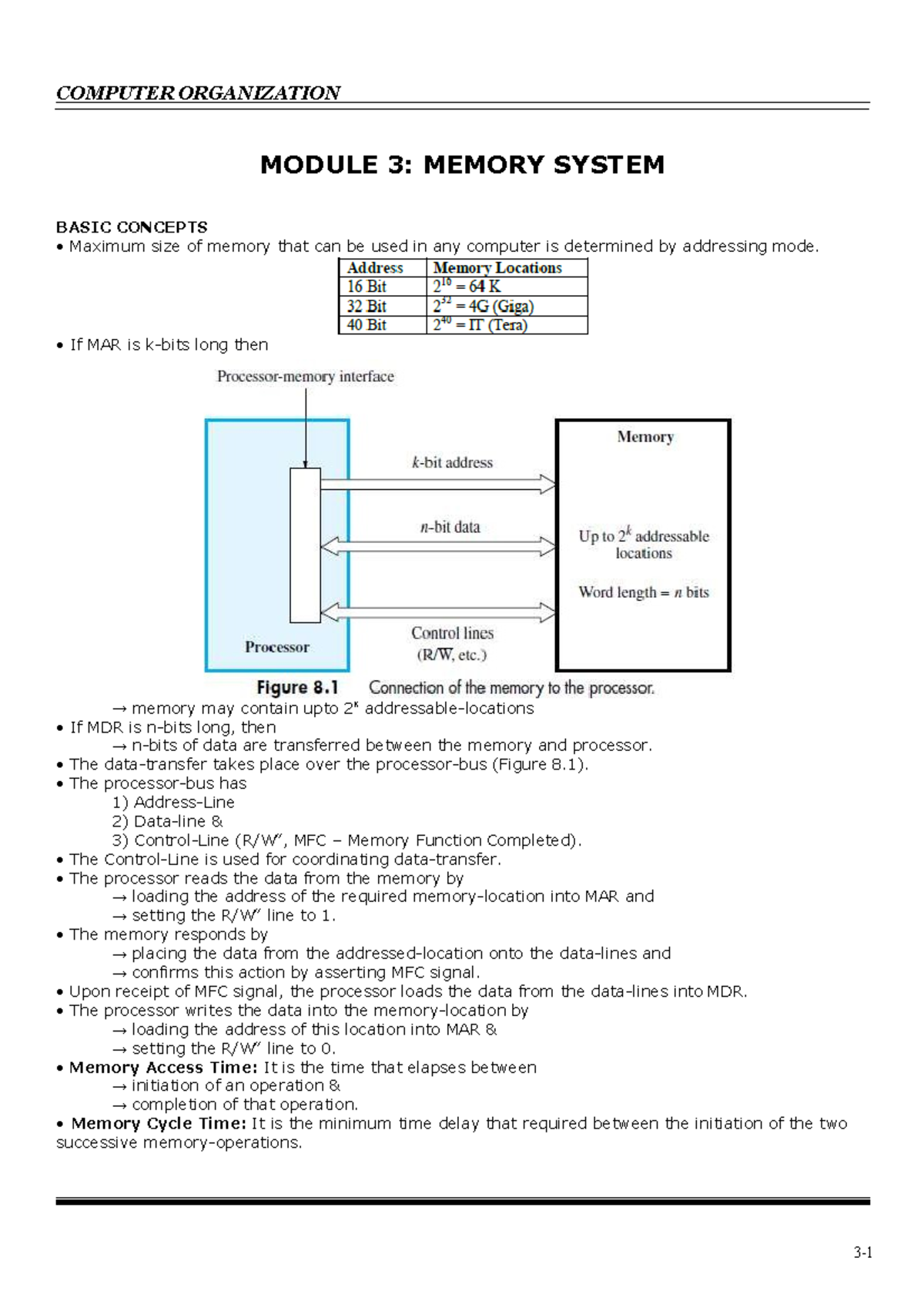 module number 03 - MODULE 3: MEMORY SYSTEM BASIC CONCEPTS Maximum size of memory that can be ...